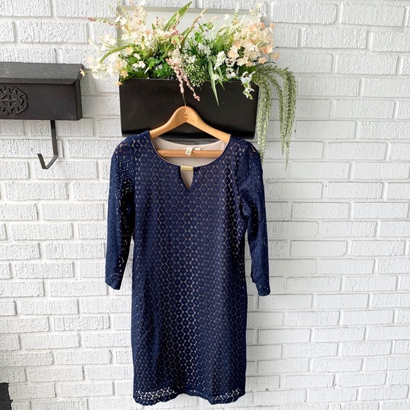 Tacera | Dresses | Tacera Navy Blue Dres W 34 Sleeve Gold Detail | Poshmark